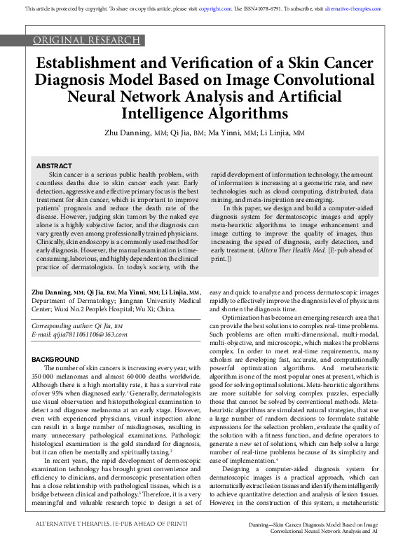 Establishment and Verification of a Skin Cancer Diagnosis Model Based on Image Convolutional ...