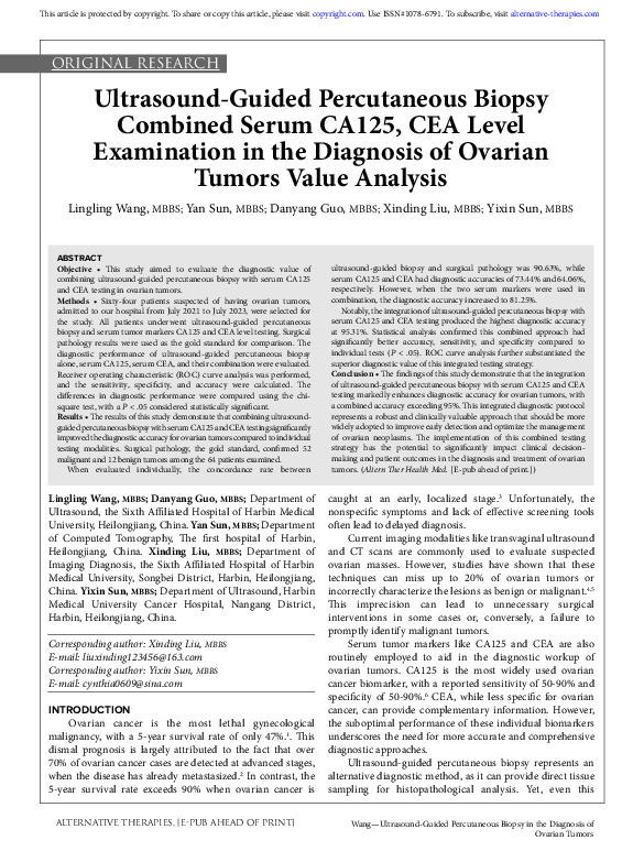 Ultrasound-Guided Percutaneous Biopsy Combined Serum CA125, CEA Level Examination in the ...