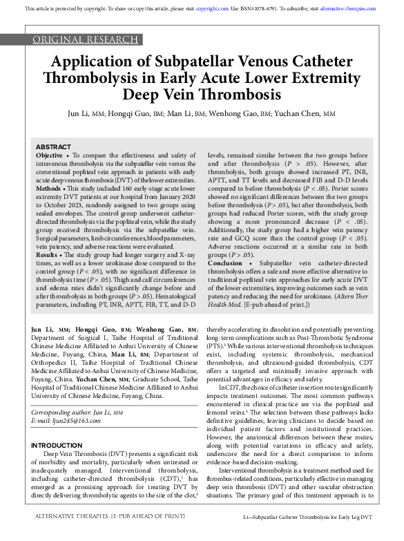 Application of Subpatellar Venous Catheter Thrombolysis in Early Acute Lower Extremity Deep Vein ...