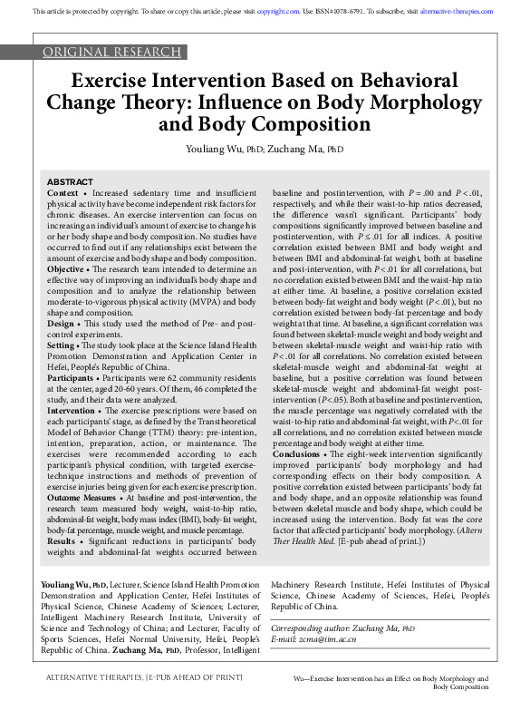 Exercise Intervention Based on Behavioral Change Theory: Influence on Body Morphology and Body ...