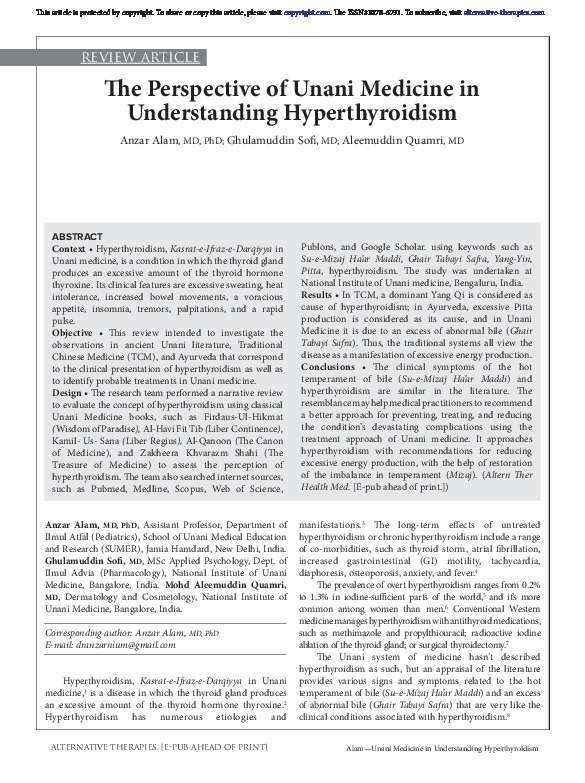 The Perspective of Unani Medicine in Understanding Hyperthyroidism The Perspective of Unani Medicine in Understanding Hyperthyroidism