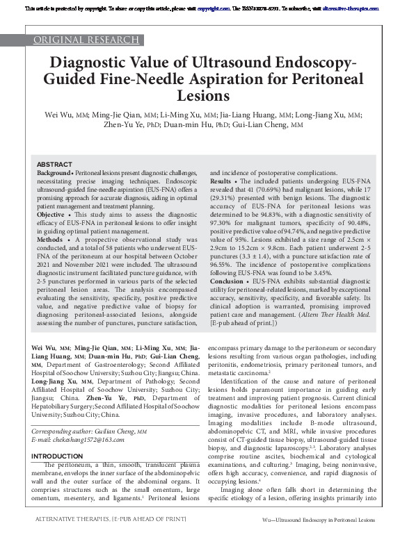 Diagnostic Value of Ultrasound Endoscopy-Guided Fine-Needle Aspiration for Peritoneal Lesions