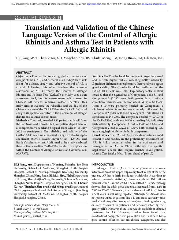 Translation and Validation of the Chinese Language Version of the ... Translation and Validation of the Chinese Language Version of the ...